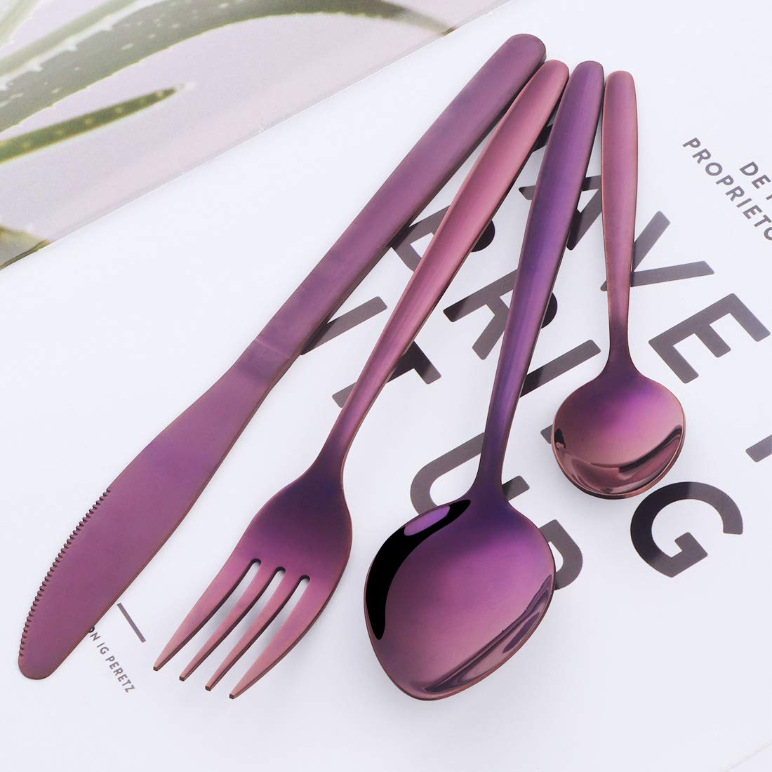 Purple Silverware Set, BuyGo 24-Piece Stainless Steel Camping Flatware Dinnerware Set for 6, Hand Polish, Dishwasher Safe