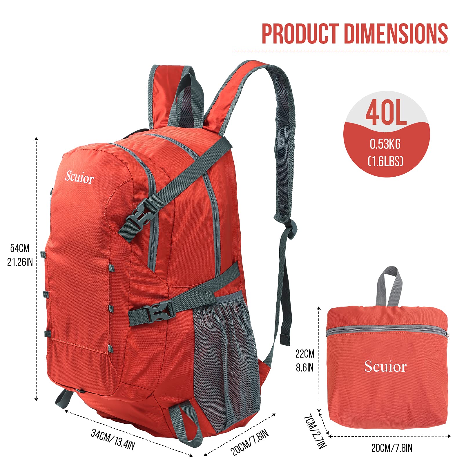 Scuior 40L Packable Hiking Daypacks,Waterproof Travel Camping Foldable Outdoor Hiking Backpack For Women Men (Grey)