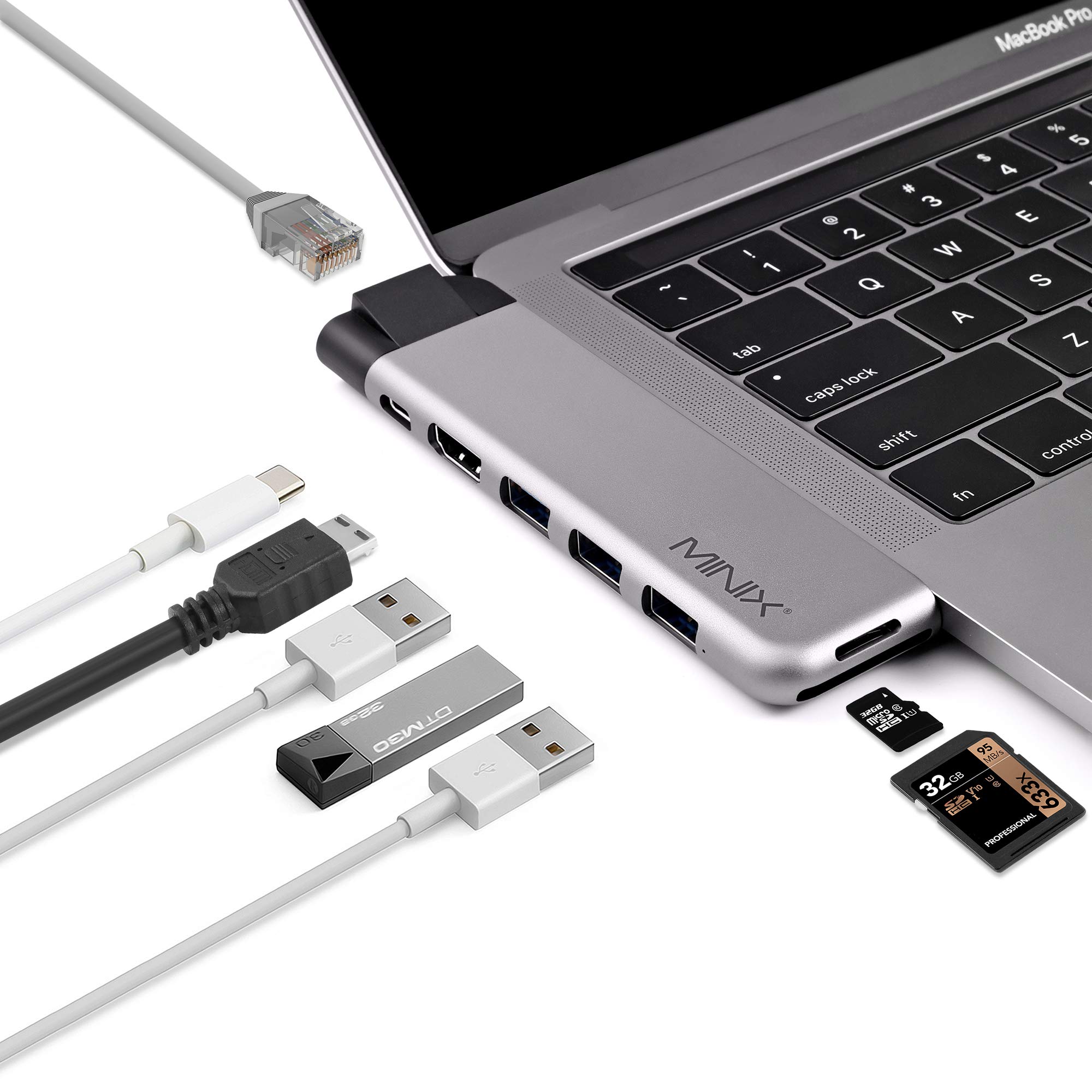 MINIX Aluminum USB-C multiport Hub-Gigabit Ethernet, 4K UHD,USB 3.0x3,SD/Micro SD Reader, USB-C-PD, Compatible with Apple MacBook Air and MacBook Pro. (Space Gray) Sold Directly