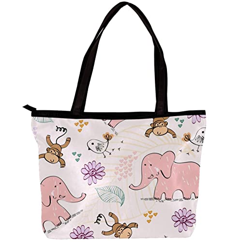 Women's Large Size Canvas Shoulder Bag Hobo Crossbody Handbag Casual Tote, Elephant Monkey Bird Cartoon Animal