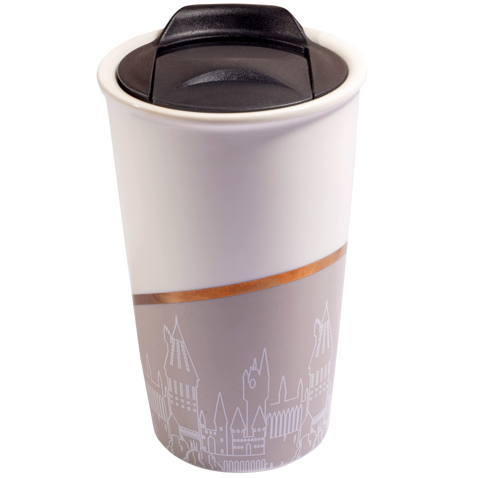 Seven20 Harry Potter Hogwarts Travel Coffee Mug, 14oz - Insulated, Ceramic Cup with Lid - Gold and Gray Hogwarts Design - Gift for Teens and Adults