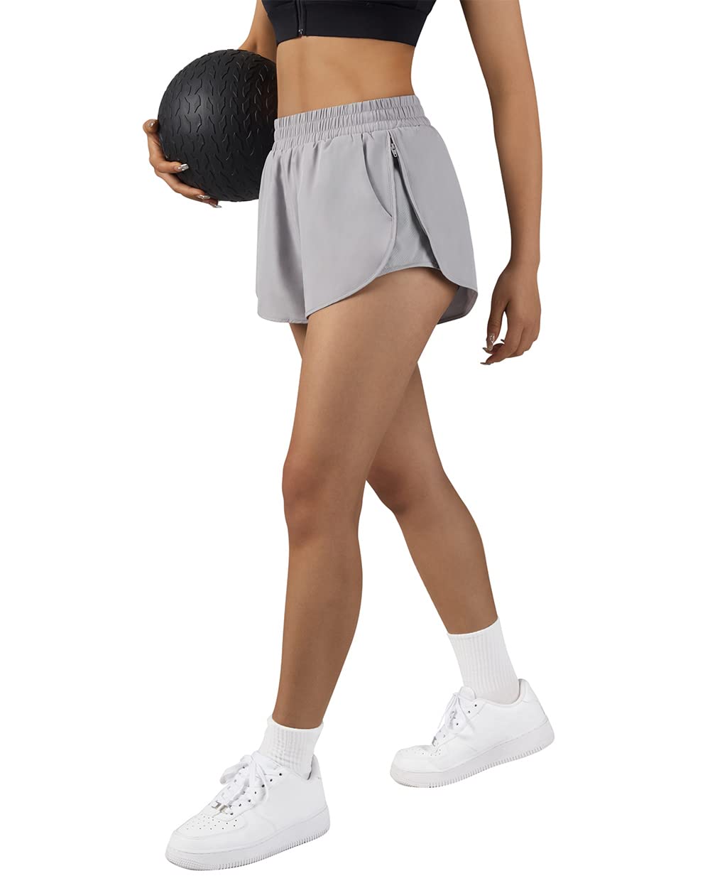 SUUKSESS Women Zipper Side Running Shorts with Pockets High Waist Workout Shorts (Grey, S)