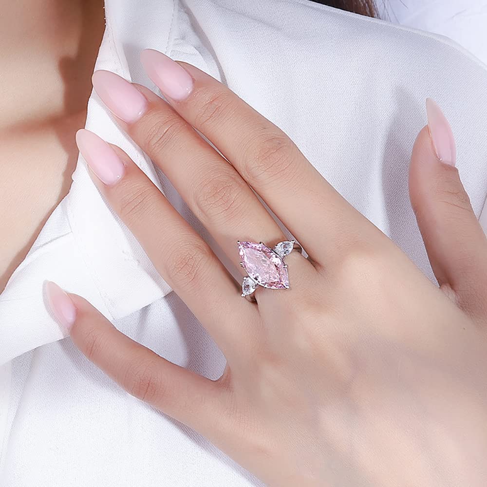 S925 Silver Ring Wedding Engagement Ring high Carbon Diamond Pink Diamond Ring Main Stone 9 * 18 Ring Women's Jewelry with Gift Box (S925 Silver 6)