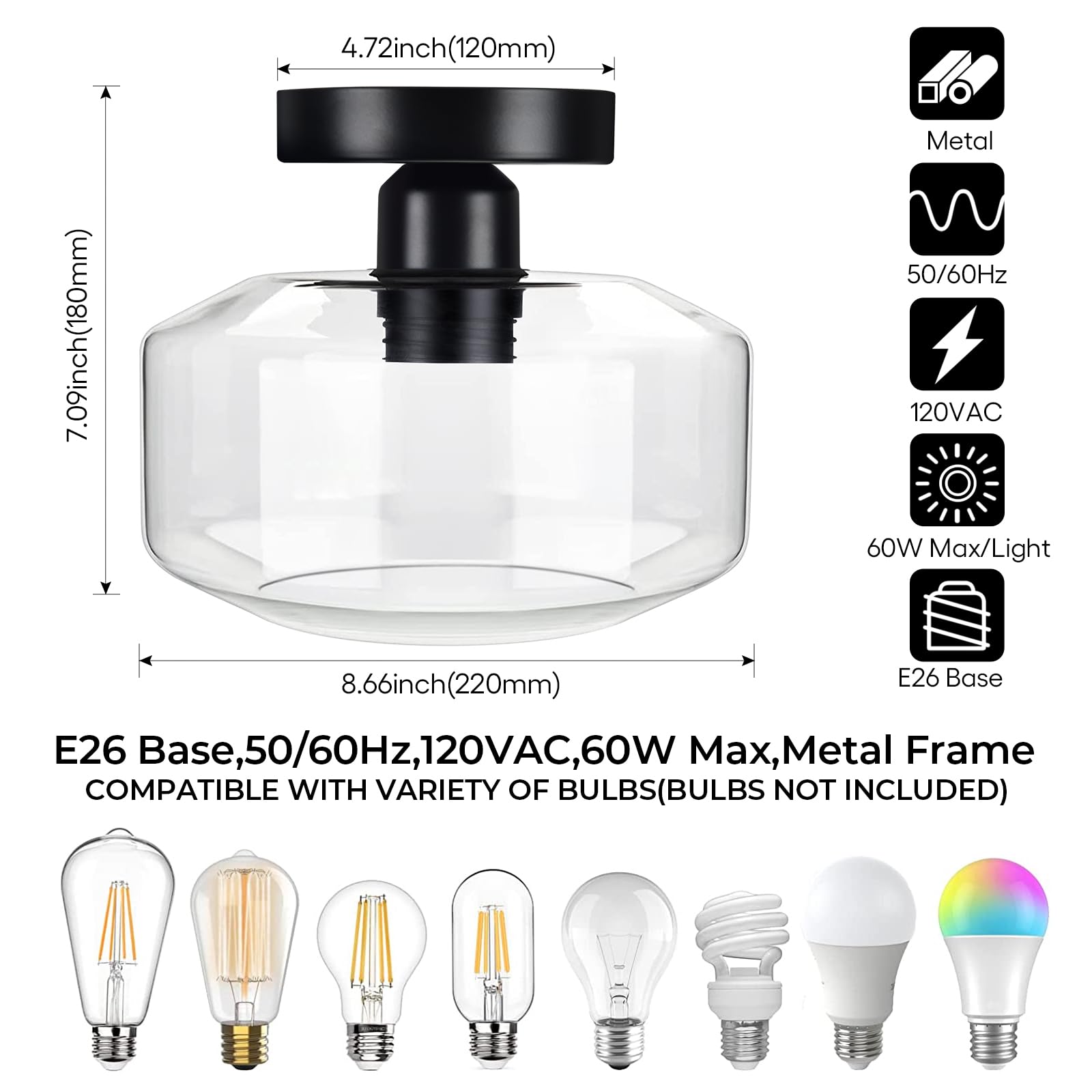 Modern Industrial Semi Flush Mount Light Fixture with Clear Glass Shade - Pendant Lights for Dining Room, Kitchen, Bedroom and Hallway
