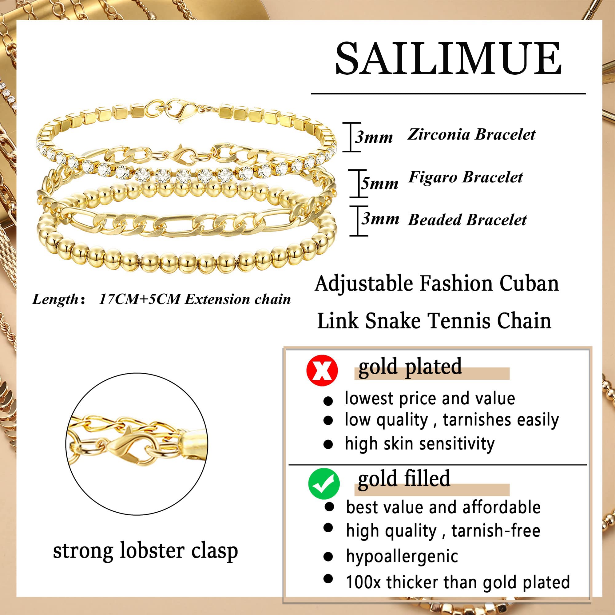 SAILIMUE 16Pcs Gold Chain Bracelet for Women 14K Gold Plated Stacked Beaded Bracelets Dainty Stackable Layered Metal Link Bracelet Sets Adjustable
