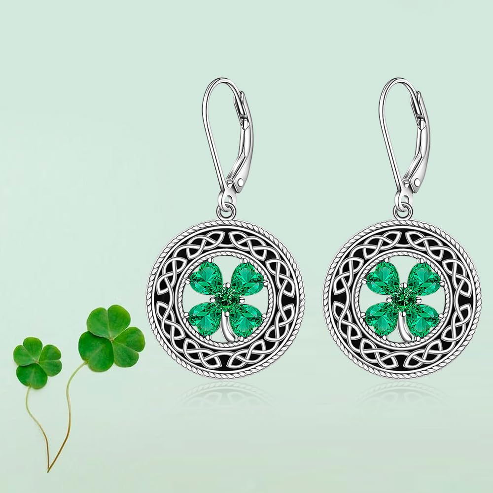 St Patricks Day Shamrock Earrings for Women Studs Sterling Silver Green Irish Four Leaf Clover Earrings Dangle Lucky Shamrock Gifts