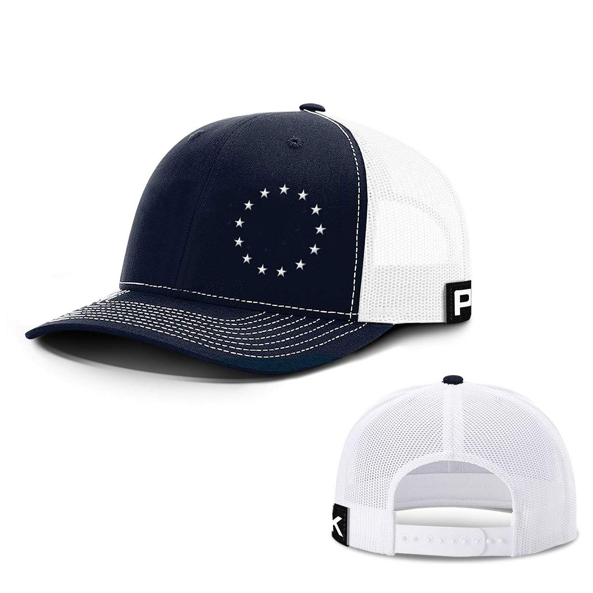Printed Kicks 13 Stars Back Mesh Hat Betsy Ross USA Flag Casual Hats 1776 Cap (Navy Front/White Mesh)