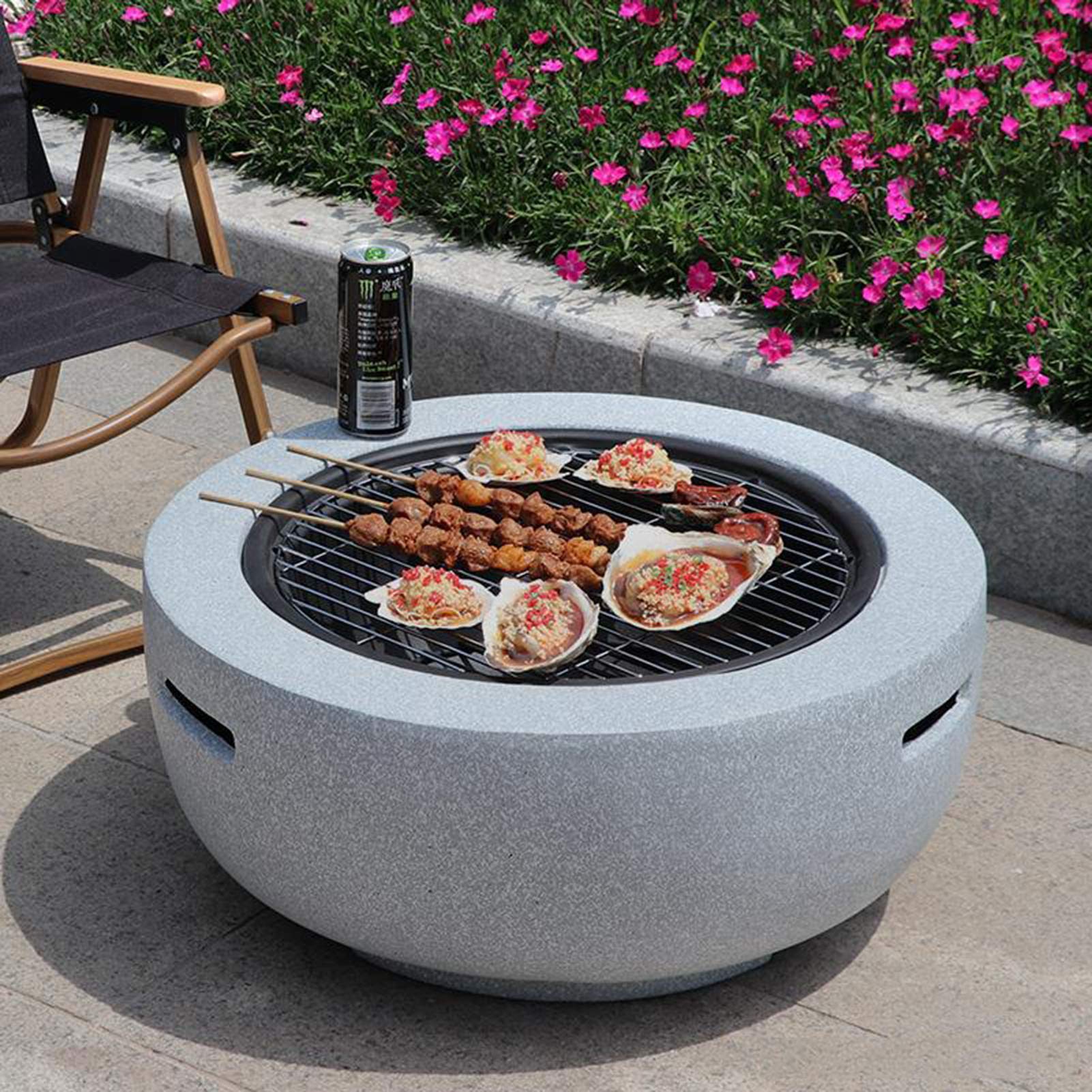 Wyxy Fire Pits for Gardens and Terraces, Outdoor Garden Fire Bowls with Grills and Net Covers, Round Table Tops for Placing Drinks and Barbecue Supplies