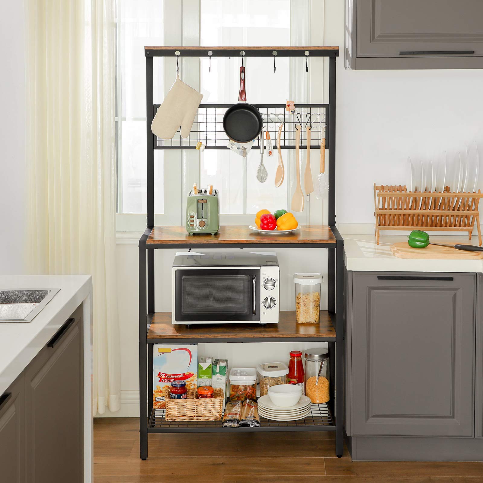VASAGLE Coffee Bar and Baker’s Rack Bundle, Kitchen Storage Racks with Shelves, Hooks, for Microwave, Rustic Brown and Black UKKS17BX and UKKS35X