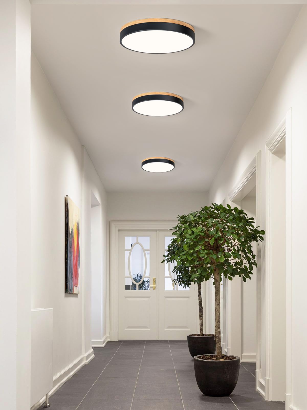 Modern Wood Flush Mount Ceiling Light, White LED Kitchen Light Fixture, Round Ceiling Lamp for Bedroom,Foyer, Hallway, Laundry,Living Room