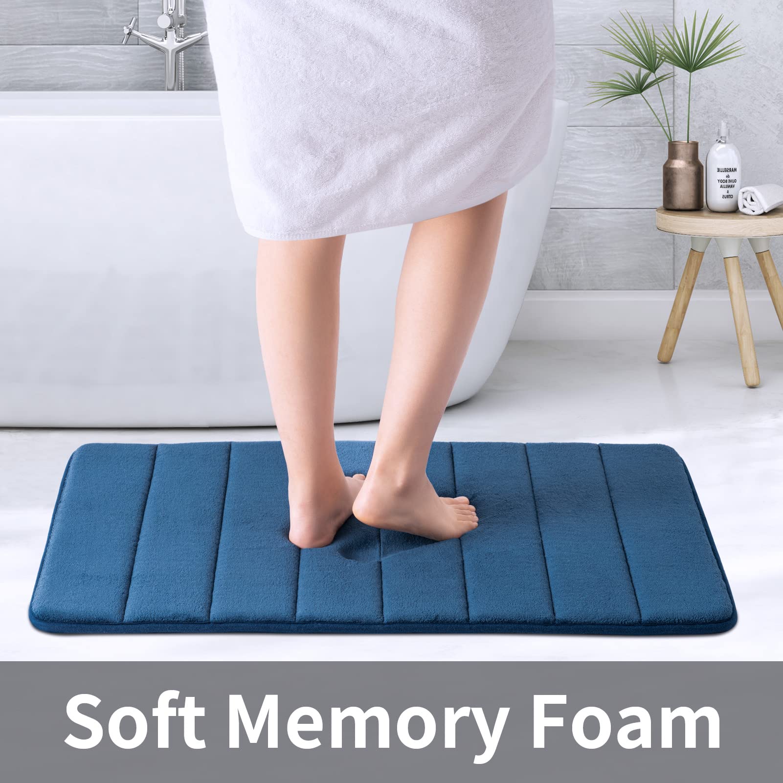 ROSMARUS Memory Foam Bath Mat 20β x 32β, Water Absorbent Shower Mat, Thick Bath Rugs for Bathroom Non Slip with PVC Backing, Ultra Soft Bathroom Rugs for Bathroom Floor & Tub, Navy