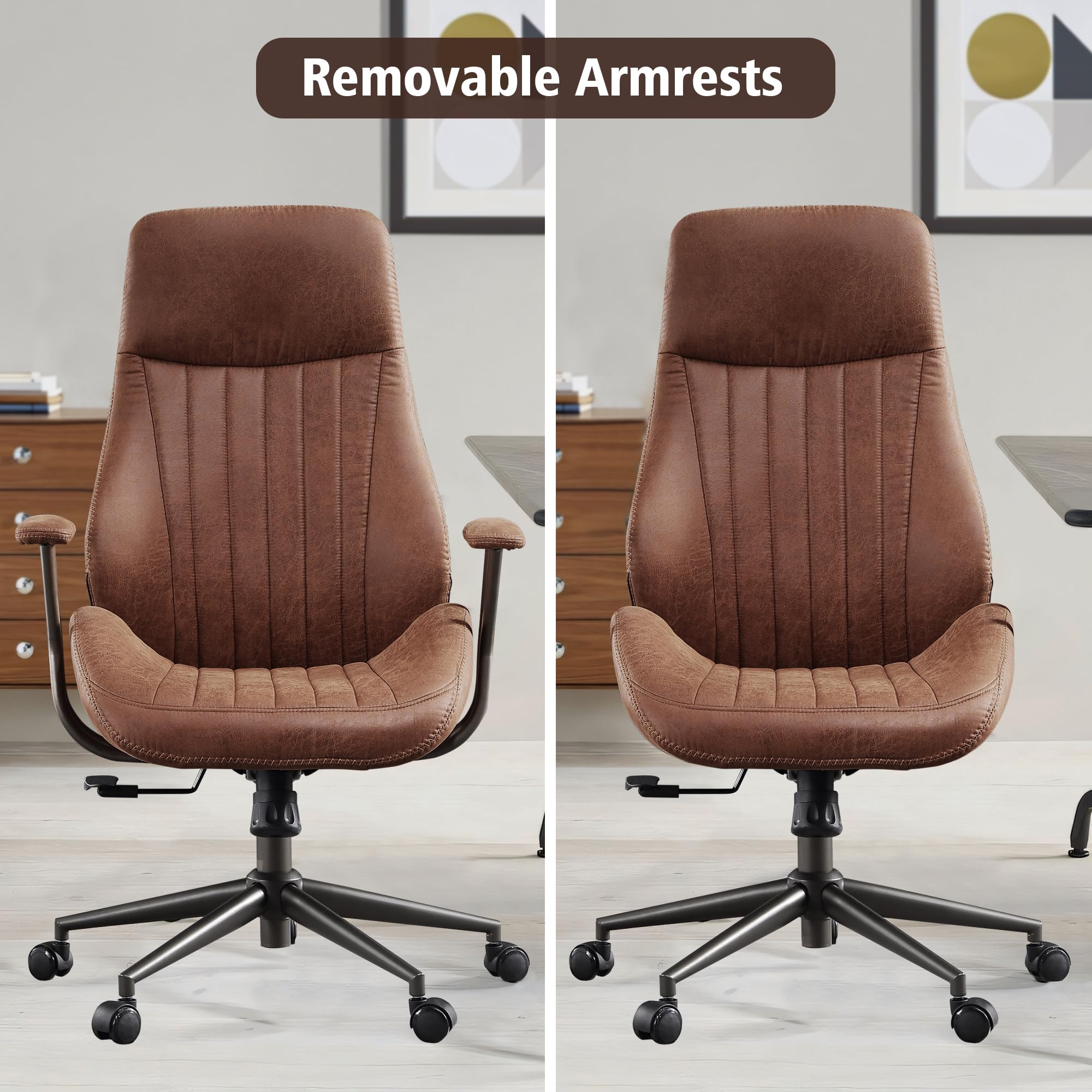 ovios Office Chair, Mid Century Modern Chair with Lumbar Support, Ergonomic High Back Suede Leather Executive Chair with Swivel Rolling Wheels, Dark Brown