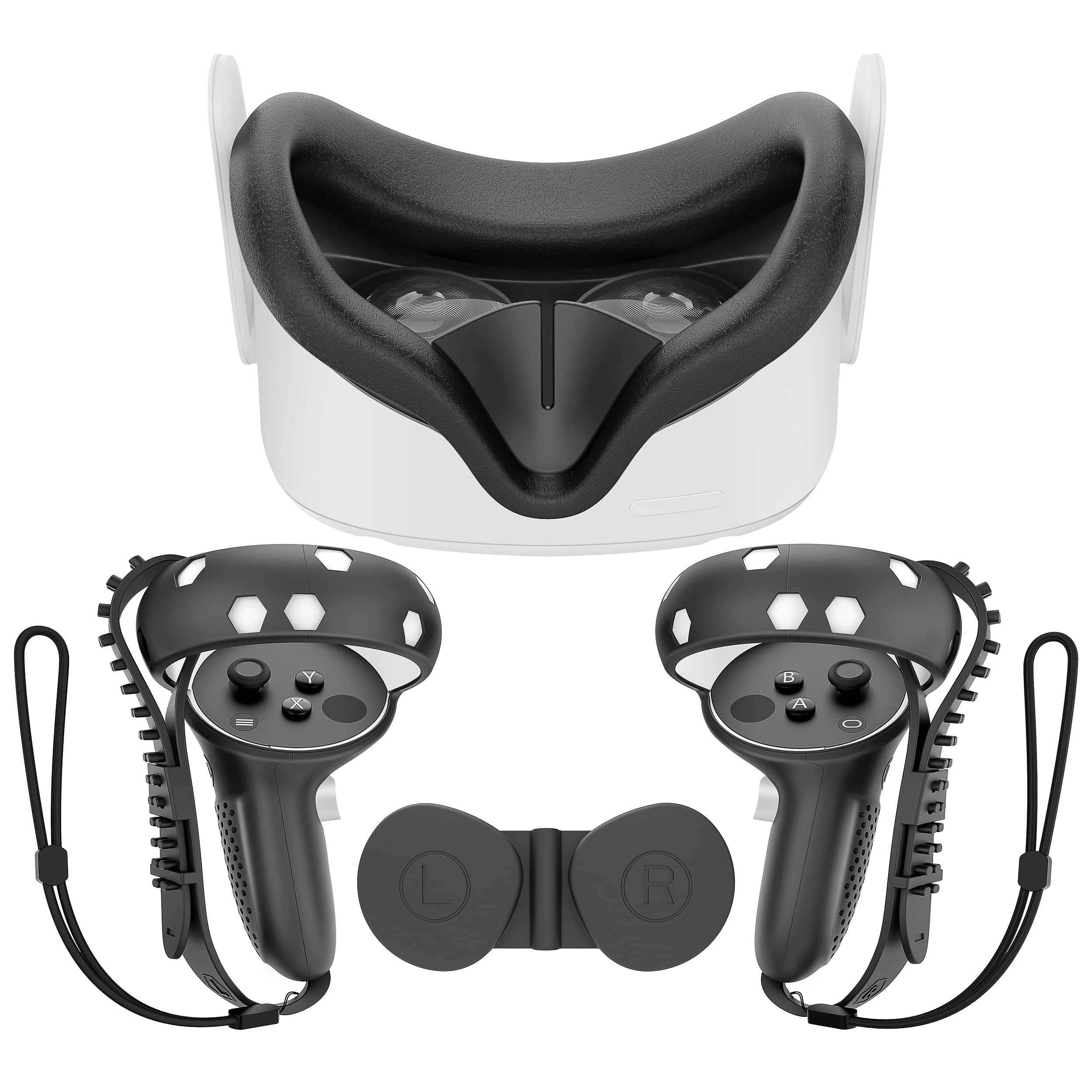 VR Controller Grip Cover, Silicone Face Cover, Protective Lens Cover, Anti-Throw Protector with Adjustable Straps, Full Cover Handle Sleeve for Oculus Quest 2 (black)