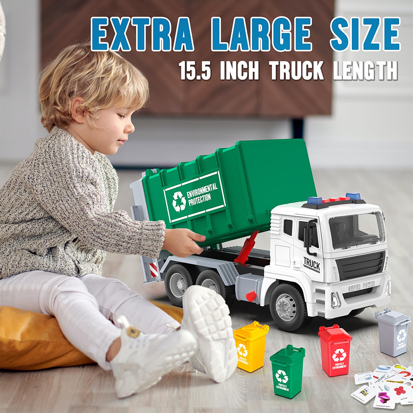 Moritakk 15.5" Large Garbage Truck Toys for 3 4 5 6 7 8 Year Old Boys,Back Dump Garbage Recycling Garbage Truck Toy with 4 Rear Loader Trash Cans,Christmas Birthday Sound Gift for Kids 3+