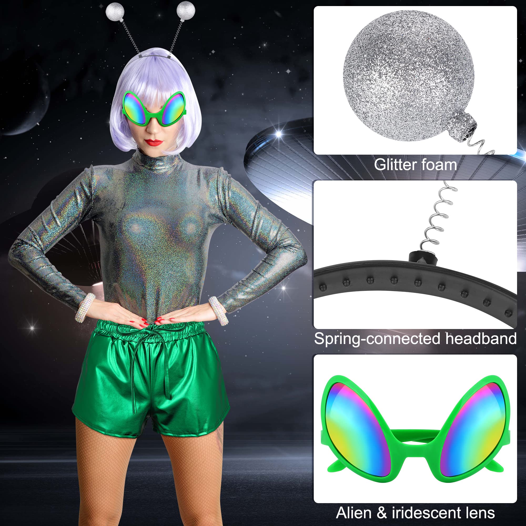 SOMSOC 2 Pack Halloween Women's Metallic Drawstring Shorts Hot Shiny Sparkly Rave Yoga Pants with Alien Headband Glasses