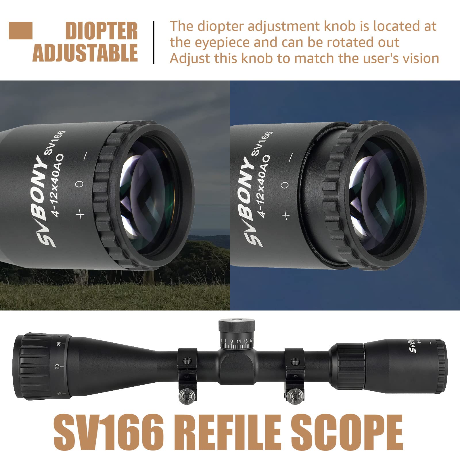 SVBONY SV166 4-12x40 Rifle Scope, Black, Hunting