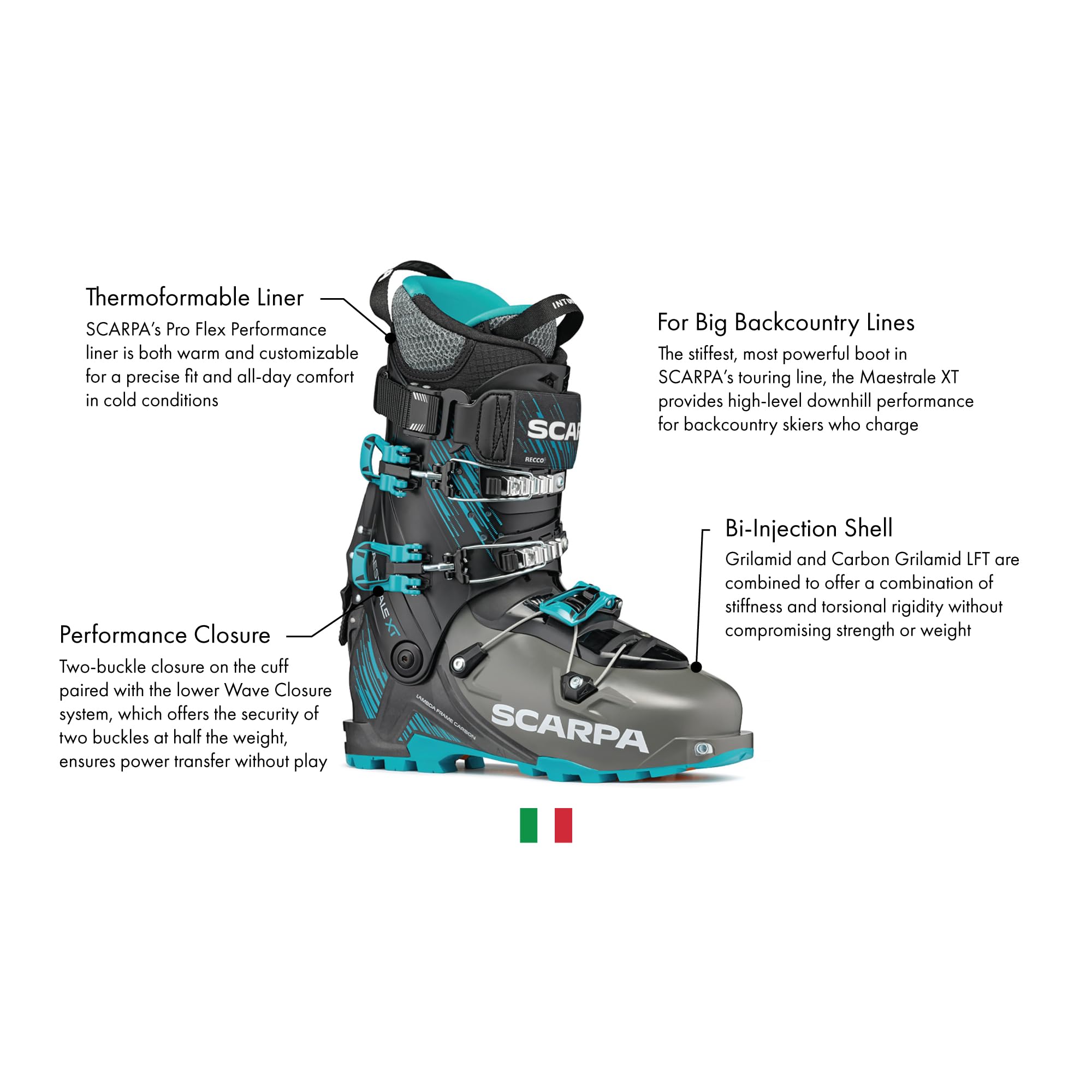 SCARPA Men's Maestrale XT Alpine Touring Ski Boots for Backcountry and Downhill Skiing - Anthracite/Azure - 29.5