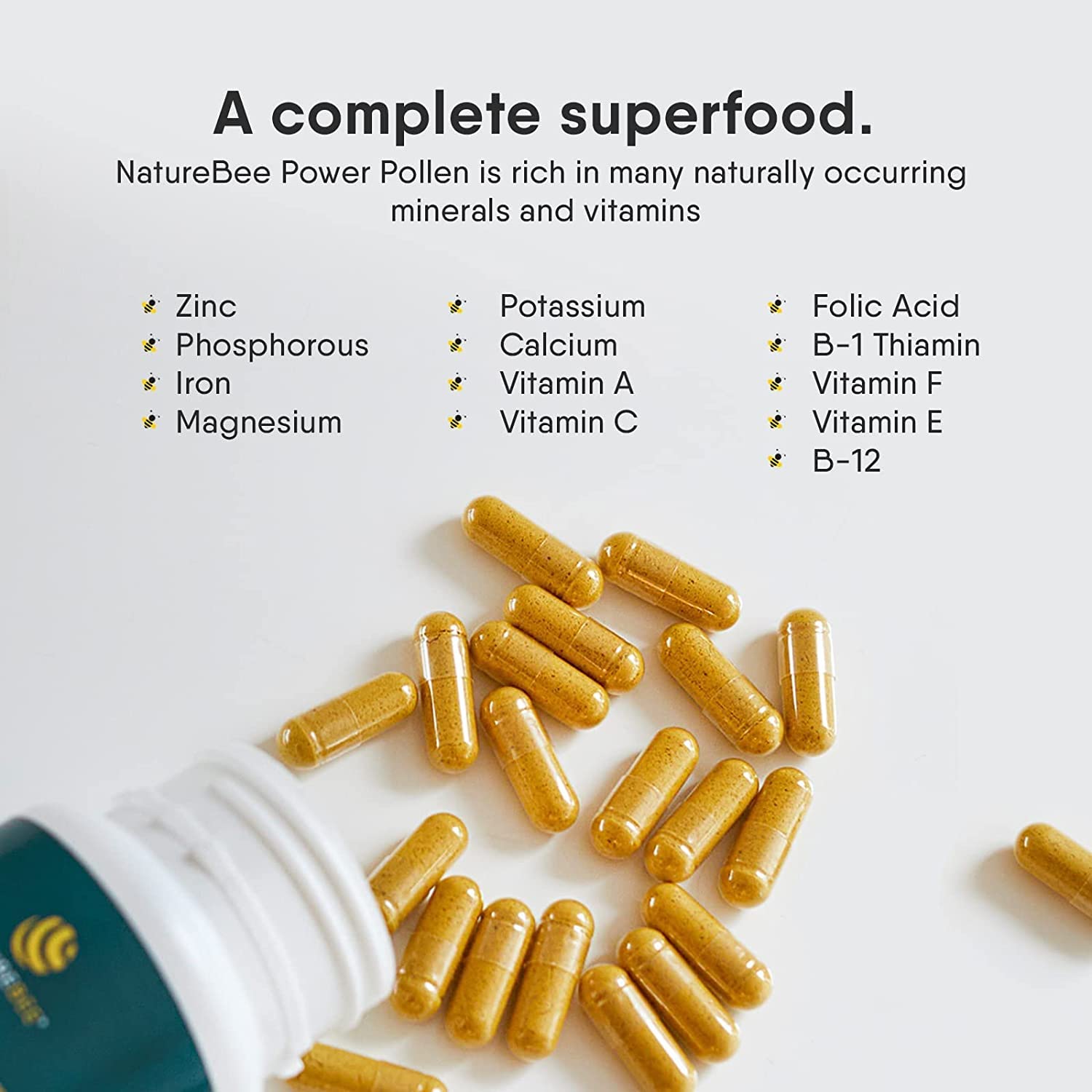NatureBee Power Pollen 200 x 500mg Caps | Energy, Immune, and Cognitive Support | Potentiated Bee Pollen | Natural Superfood | 3 Month Supply