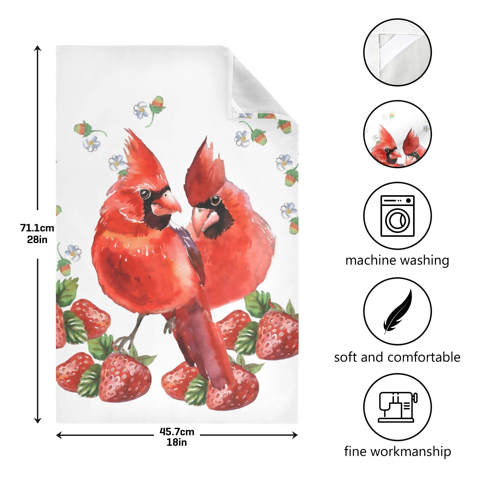 Summer Tropical Strawberries Kitchen Towel Set Cardinal Birds Dish Towel Set of 1 Tea Towels Large 28''x18'' Multi-Purpose Washing Cloth Home Decorative Lint-Free Dishcloths for Restaurant Household