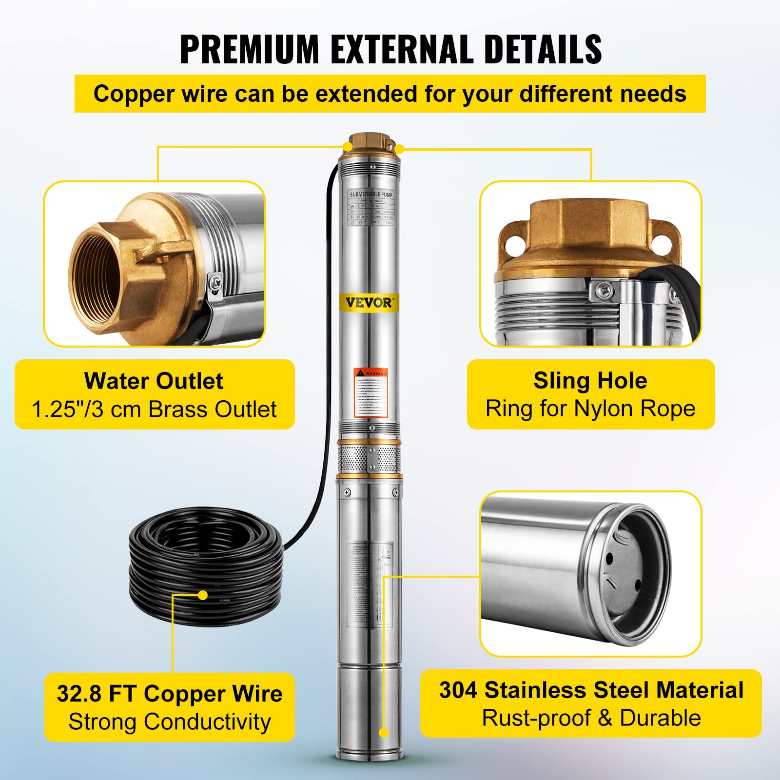 VEVOR Well Pump 1 HP 33GPM Deep Well Pump 207ft Head with 9.8ft Cable Water Well Pumps Submersible Stainless Steel for Factories, Farmland, Irrigation Use