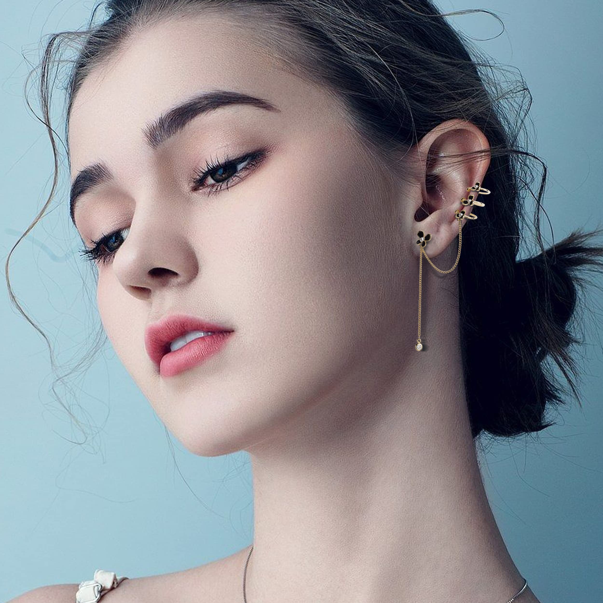Sonateomber Gold Ear Cuff Star Dangle Long Chain Drop Earrings for Women Jewelry Gifts