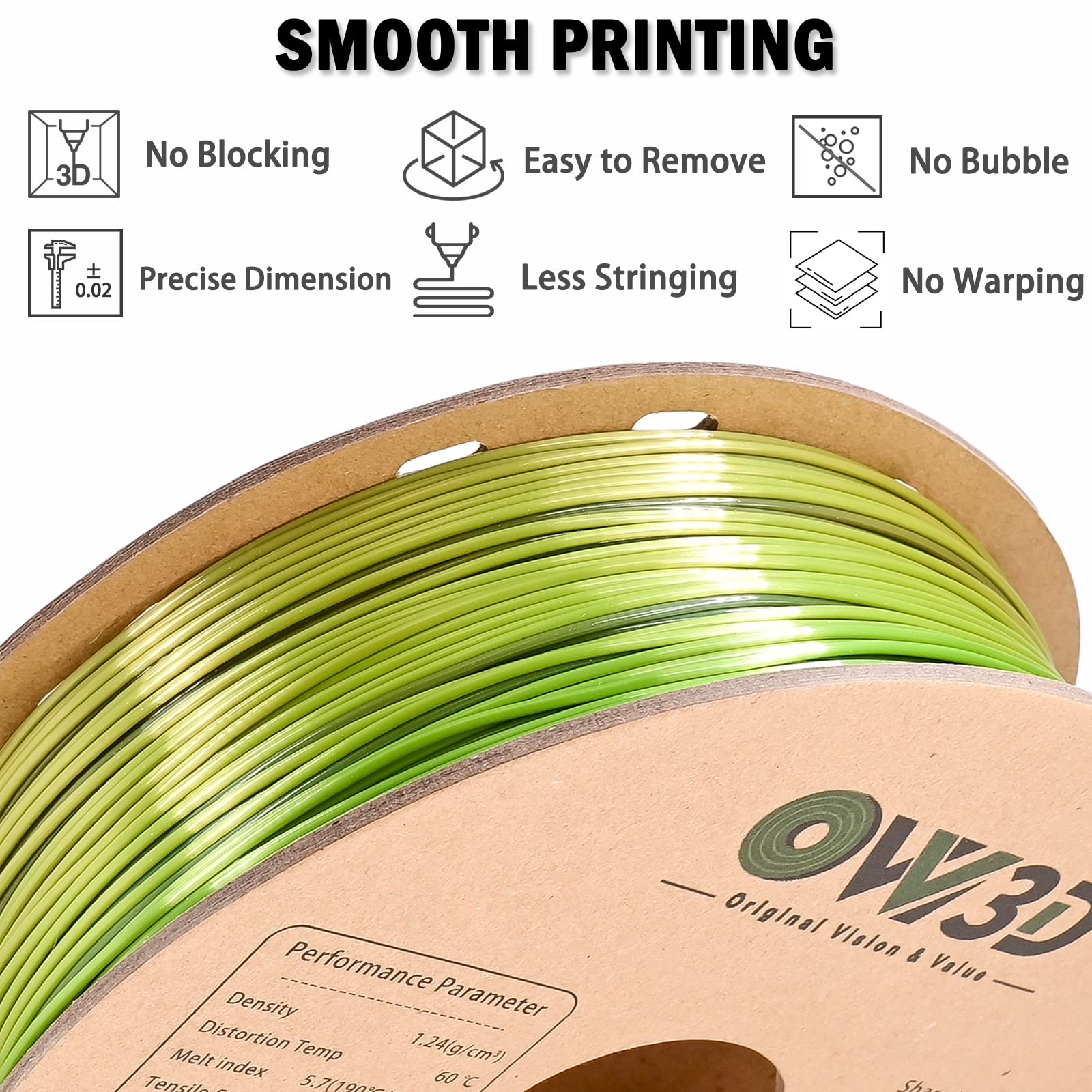 OVVNYXE OVV3D PLA Filament 1.75mm, 3D Printer Autumn, Silk 1.75mm +/- 0.02mm, Printing Rainbow Filament, Plus Multicolor PLA+ Green Yellow, 1kg