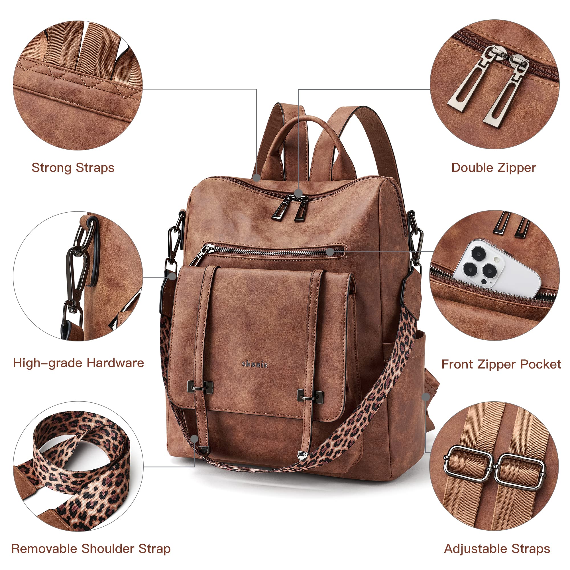 Shrrie Backpack Purse for Women Fashion Leather Backpack Purse Satchel Travel Backpack Convertible Shoulder Bag with Wristlet