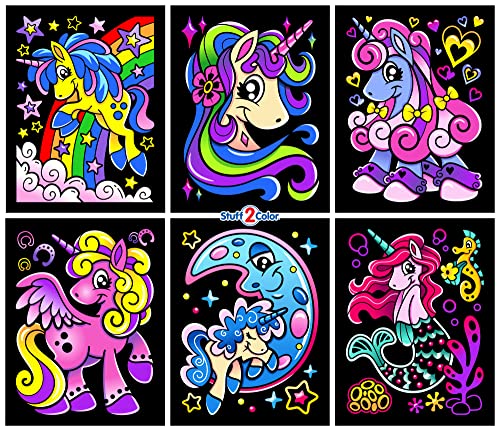 Unicorn Joy - 6 Pack of Fuzzy Velvet Coloring Posters for Kids, Toddlers, Girls (All Ages Arts and Crafts Coloring Activity) Shareable Fun with Rainbow, Moon, Mermaid, Flower, and More