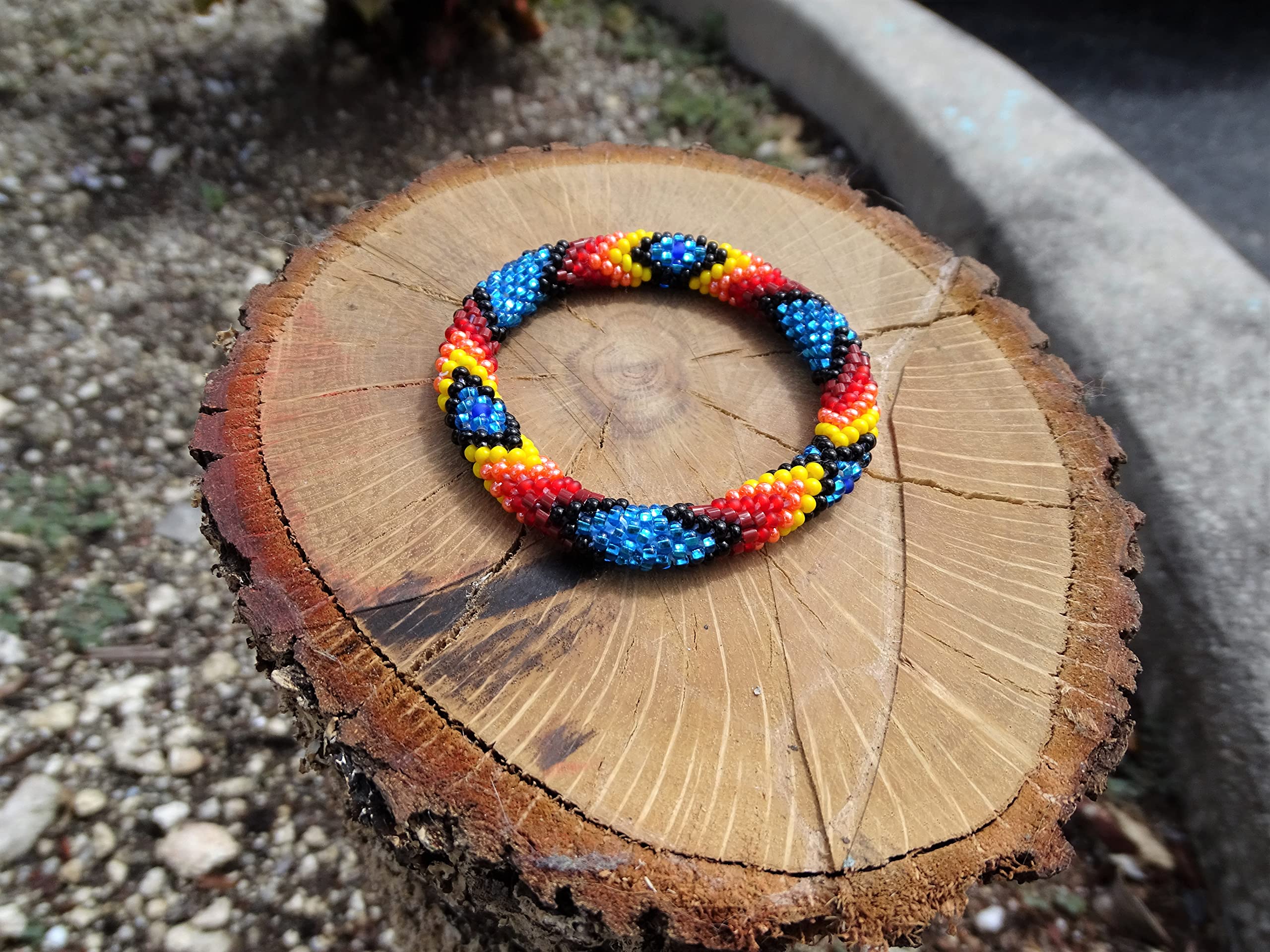 Native American Inspired Tribal Fire Diamond Pattern Guatemalan Czech Glass Seed Beaded One Size Fits All Bangle Bracelet - Womens Fashion Handmade Jewelry Boho Accessories (Light Blue)