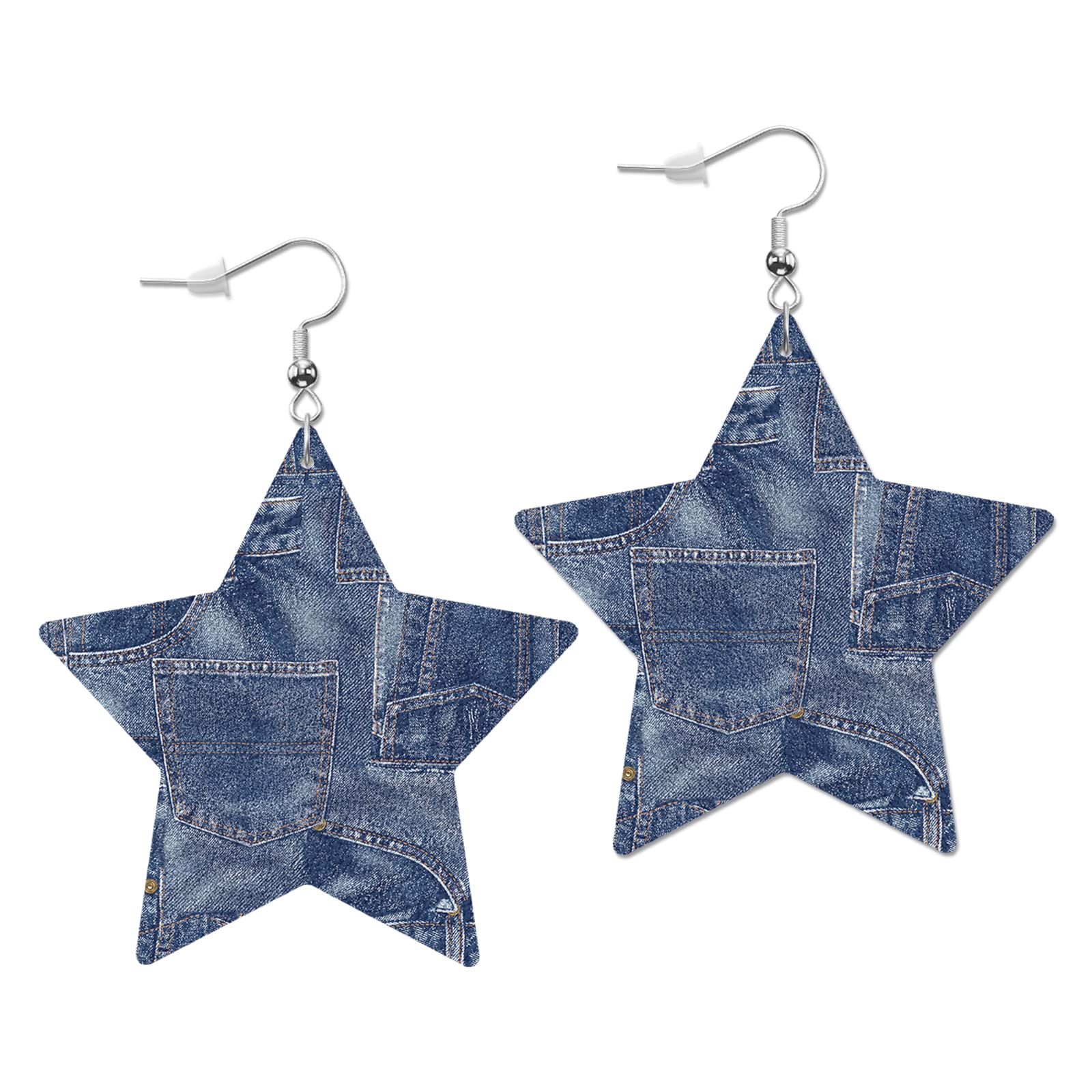 Swono Denim Patchwork Pattern Leather Earrings Indigo Irregular Patchy Wrinkle Jeans Star Faux Leather Earring Lightweight Dangle Drop Earrings for Women Girls