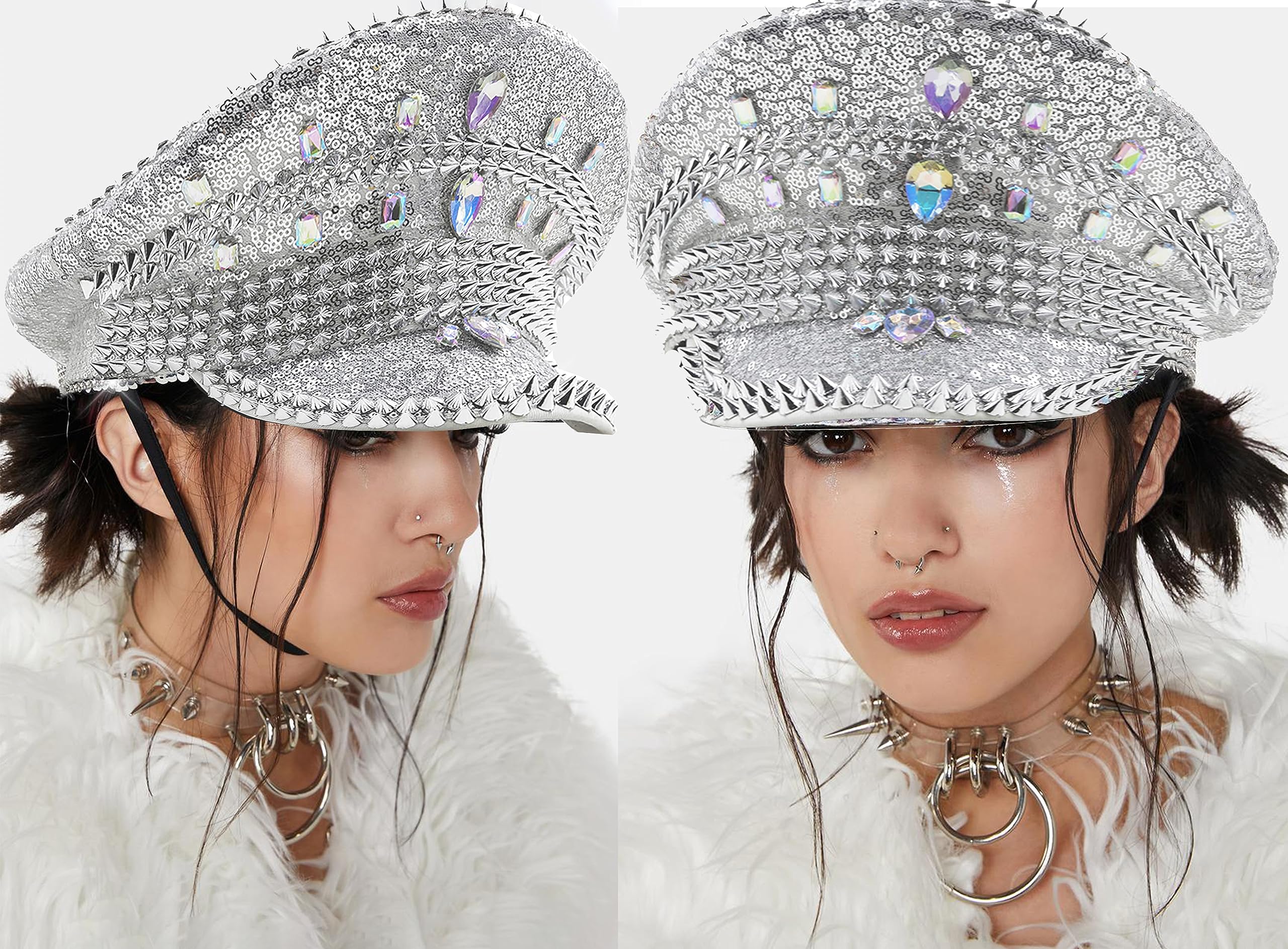 UTOWO Glitter Sequin Bride Hat Bachelorette Hen Party Captain Caps Rhinestone Hen Do Hat Steampunk Military Hat for Women (as1, alpha, one_size, Standard, Silver)