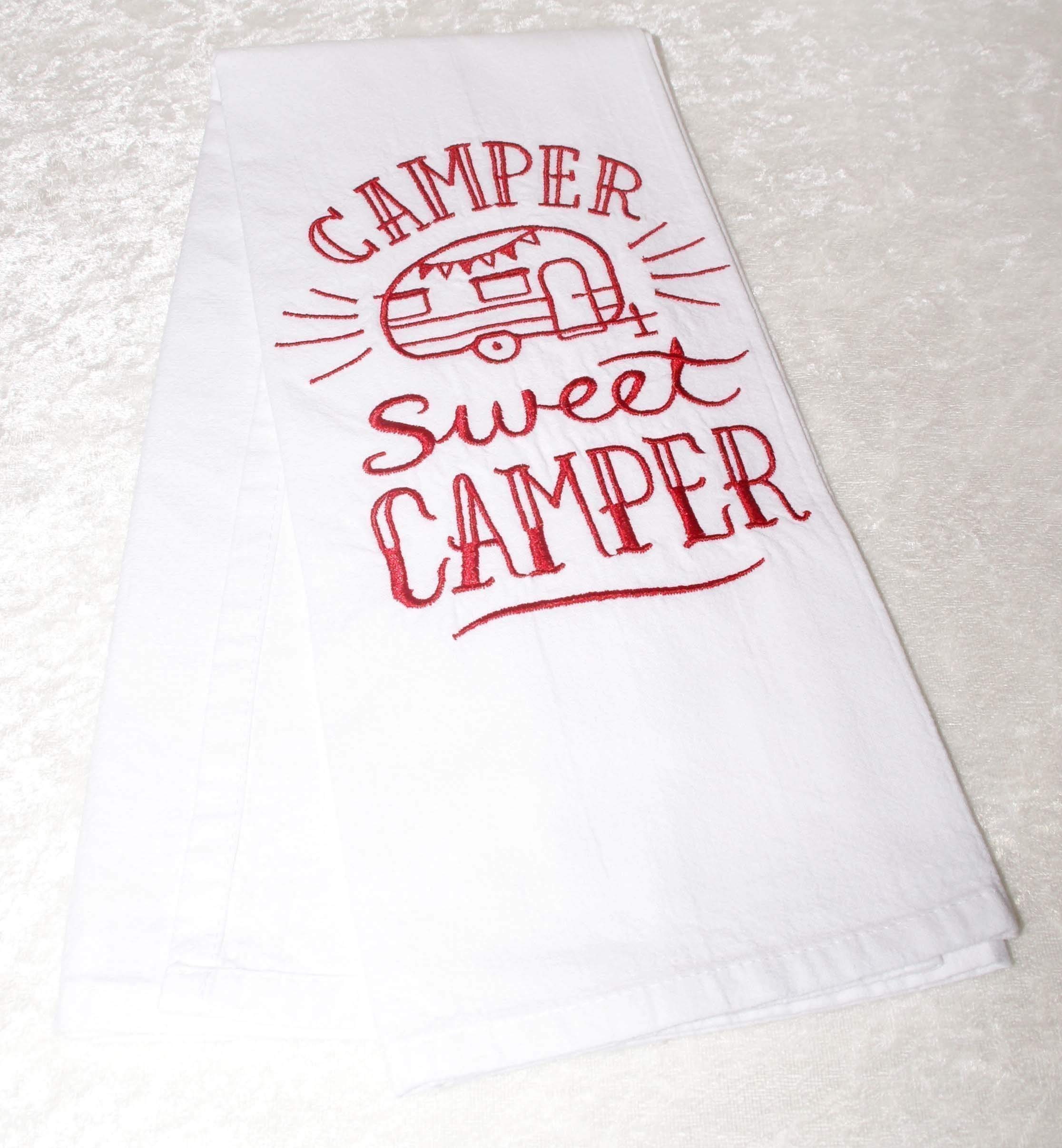 RV Camping Decor - Embroidered Flour Sack Towel - Red on White - Camper Sweet Camper - Handmade by Green Acorn Kitchen