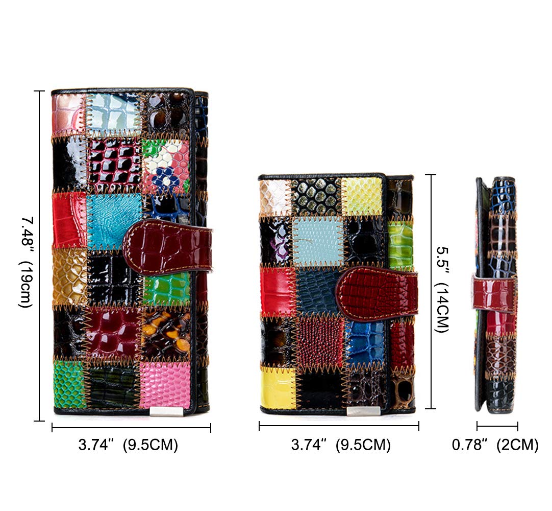 Segater® Women Multicolor Wallets Genuine Leather Card Holder Organizer Purses Model Stitching Bag Wallet with Flap Phone Clutch Large Long Purse