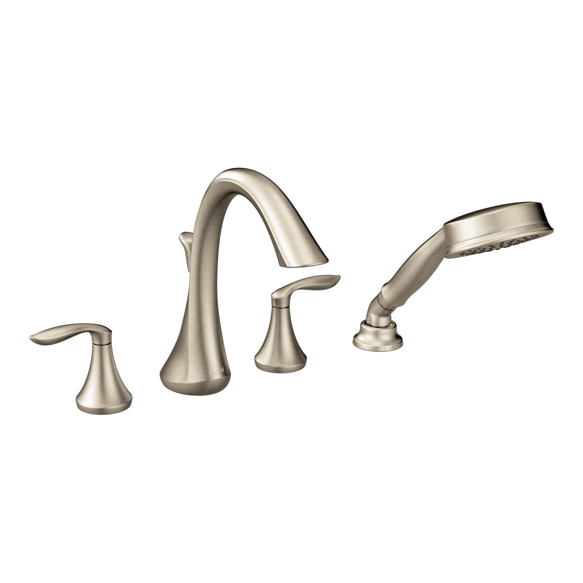 Moen Eva Brushed Nickel Two-Handle Deck Mount Roman Tub Faucet Trim Kit with Single Function Handshower, Valve Required, T944BN