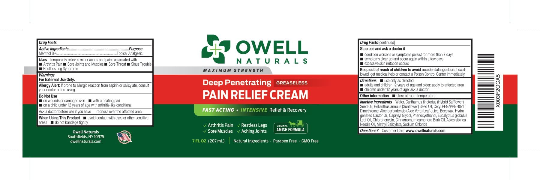 OWELL NATURALS Arthritis Pain Relief Cream - 14oz - Maximum Strength All Natural Discomfort Reliever for Joint, Muscle, Knee, Back, Neuropathy - 11 Powerful Ingredients