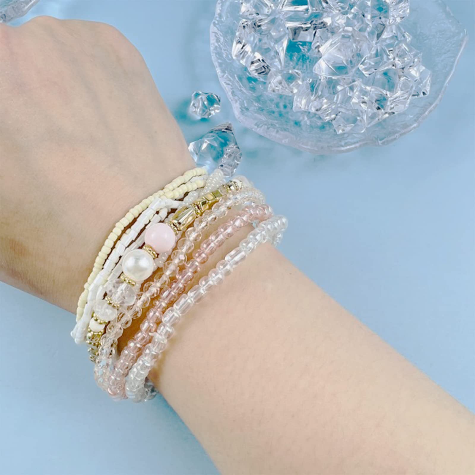 Svovin 1-8 Sets Bohemian Stackable Bead Bracelets for Women Men Stretch Multilayered Bracelet Set Boho Multicolor Jewelry C