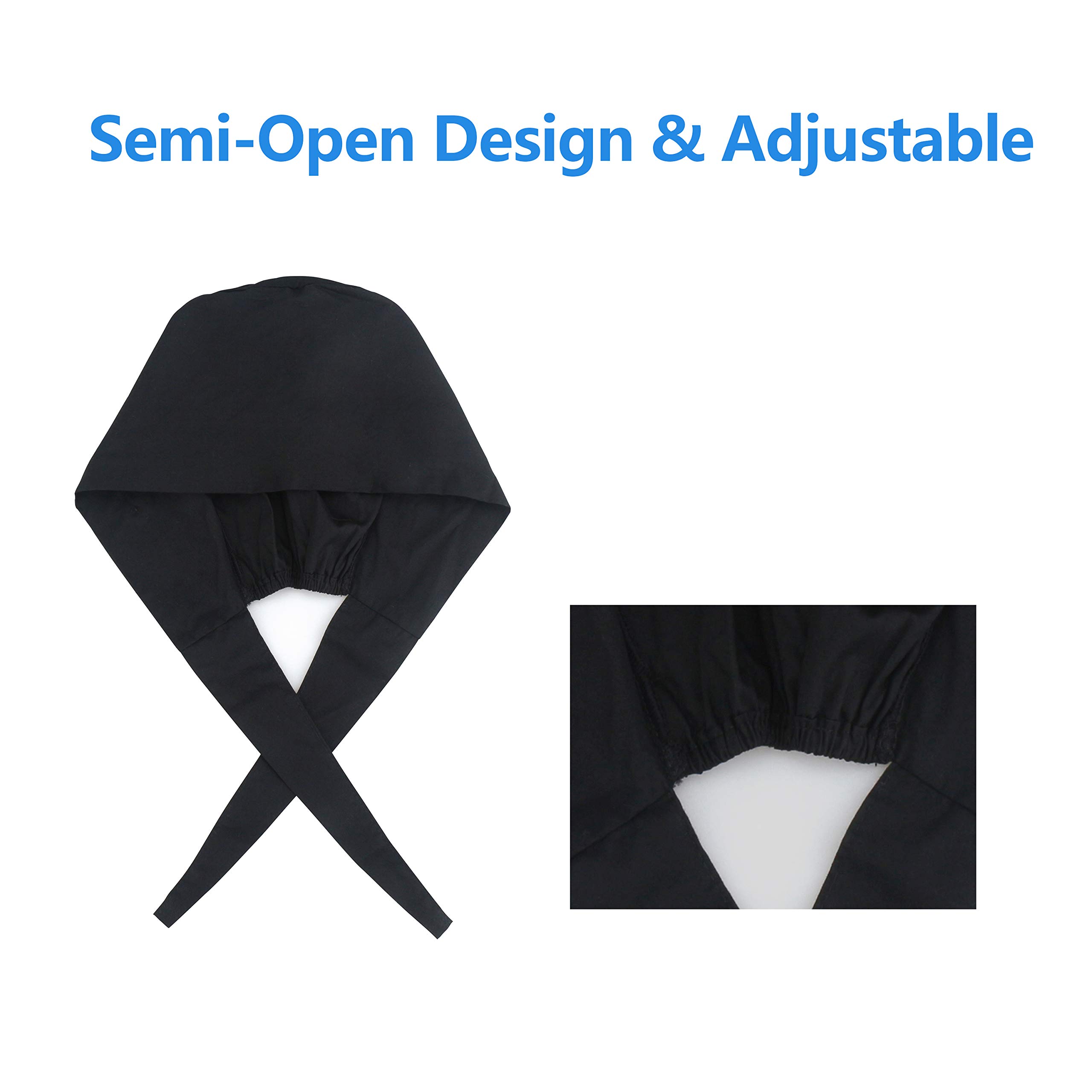 QBA Adjustable Working Cap with Button, Cotton Working Hat Sweatband, Elastic Bandage Tie Back Hats for Women & Men, One Size (2 Pack: Black 2 PCS)