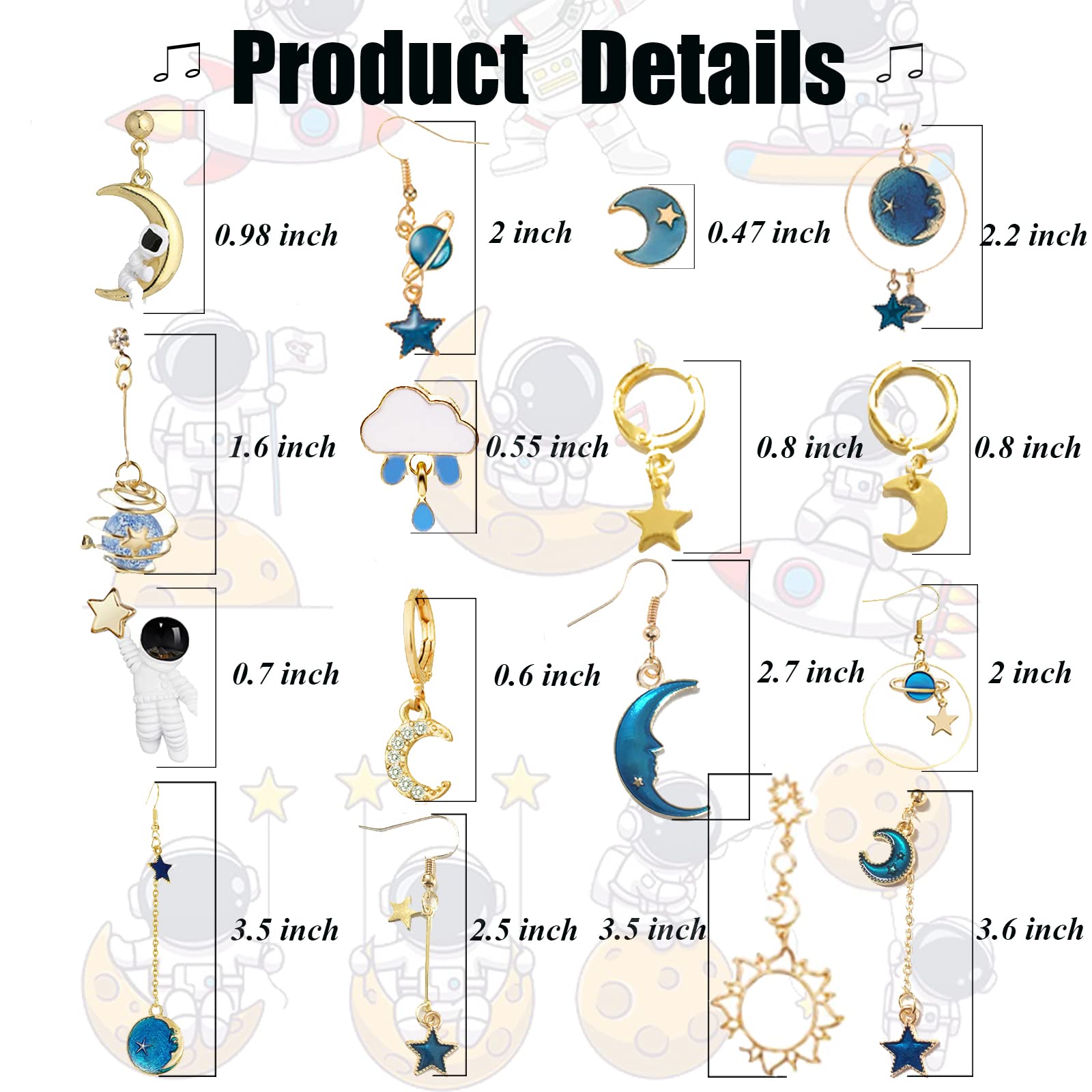Svovin 16 Pairs Moon Star Earrings for Women Dangle Earth Planet Asymmetrical Drop Earrings Astronaut Spaceman Stud Earrings Jewelry