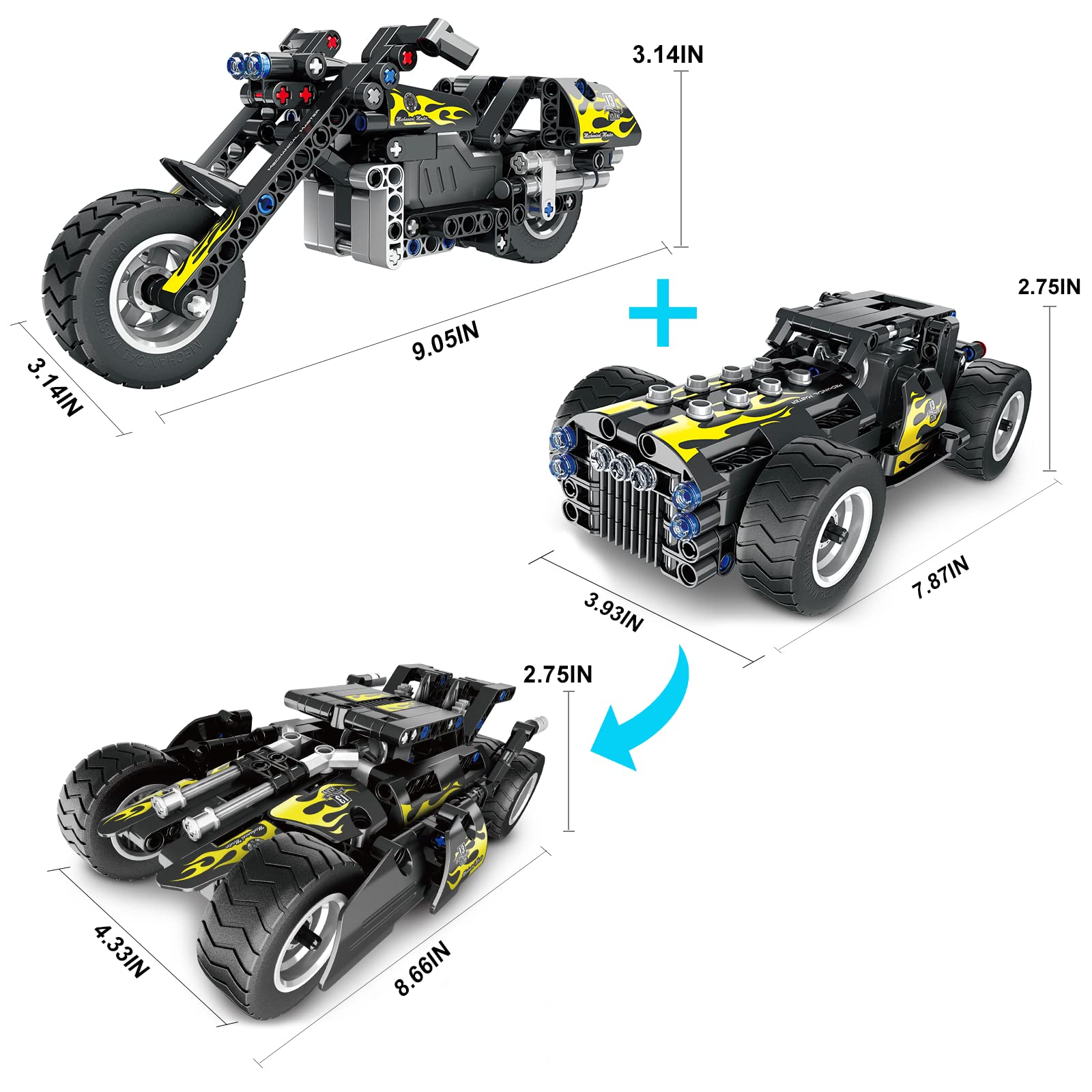 UNIQUE KIDS STEM Toy Building Kits - Motorcycle Kits & Off-Road car Kits Pull Back System Mergeable 2 in 1 System for 6,7,8,9+ Years Old Boys and Girls (Cool Motorcycle)