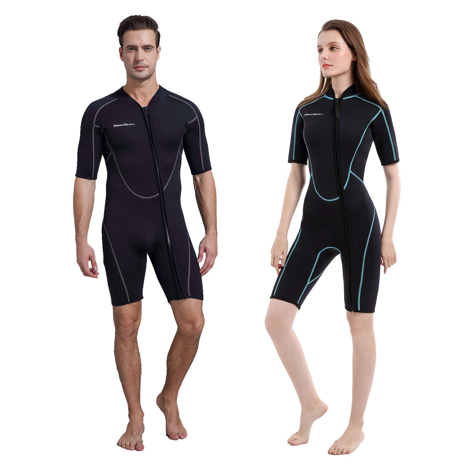 Seaskin 2 Pieces Shorty Wetsuit, 3mm Mens Medium Size and Womens Small Size Diving Suit Front Zip Wetsuit for Diving Snorkeling Surfing Swimming