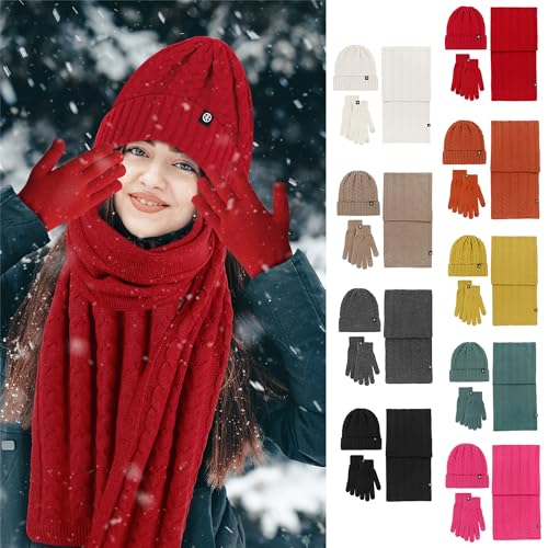Women's Winter Beanie Hats Scarf Touchscreen Gloves for women men Warm Set Cable Knit Slouchy Cap with Fleece Lined (KHAKI)