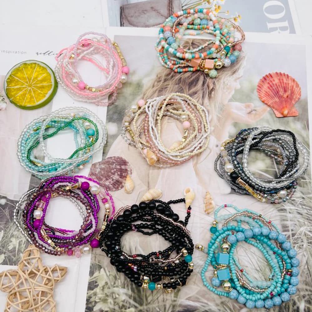 Svovin 8 Sets Bohemian Stackable Bead Bracelets for Women Men Stretch Multilayered Bracelet Set Boho Multicolor Jewelry