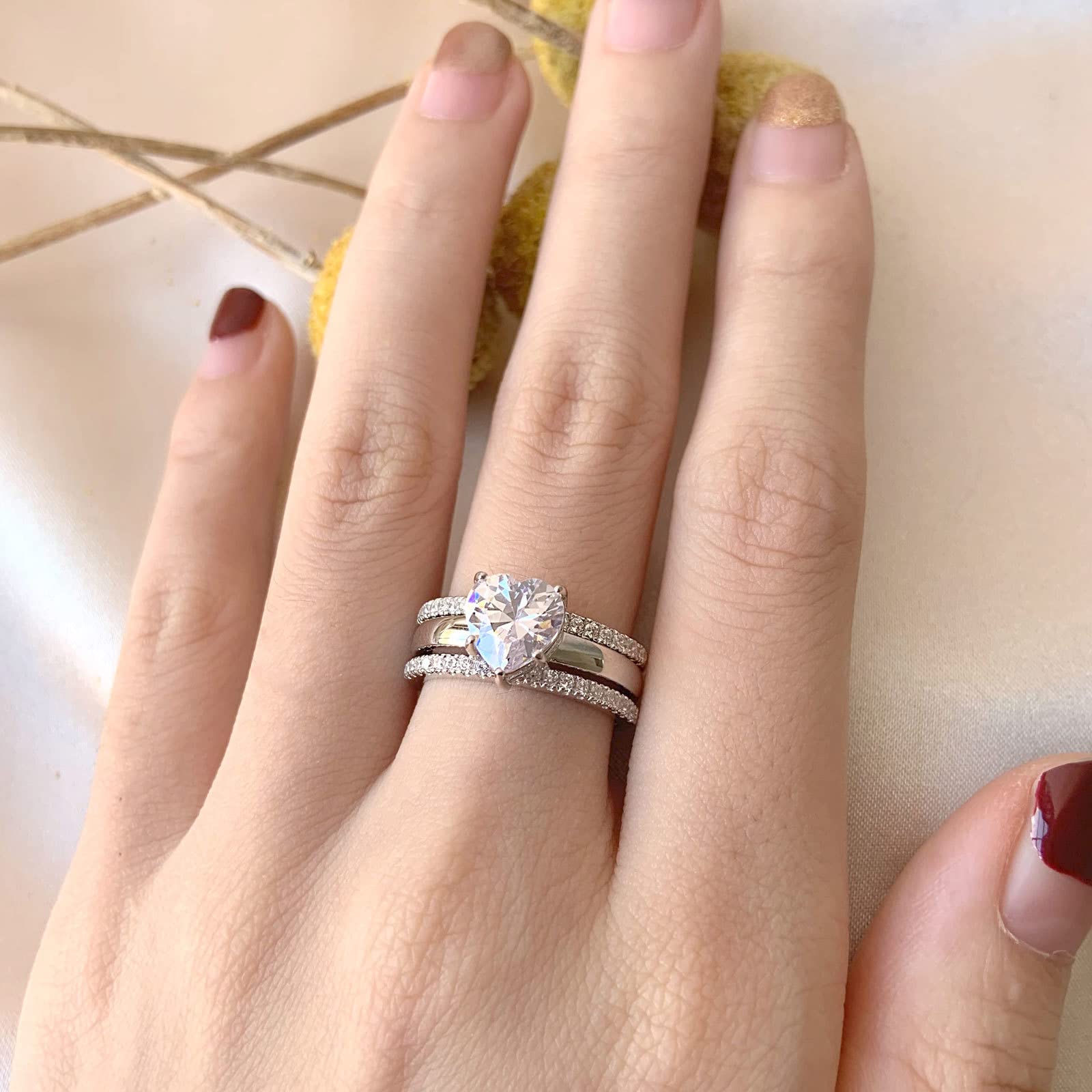 SHELOVES Solitaire Heart CZ Engagement Rings Set Sterling Silver Wedding Band Guard Enhancers Sz 5