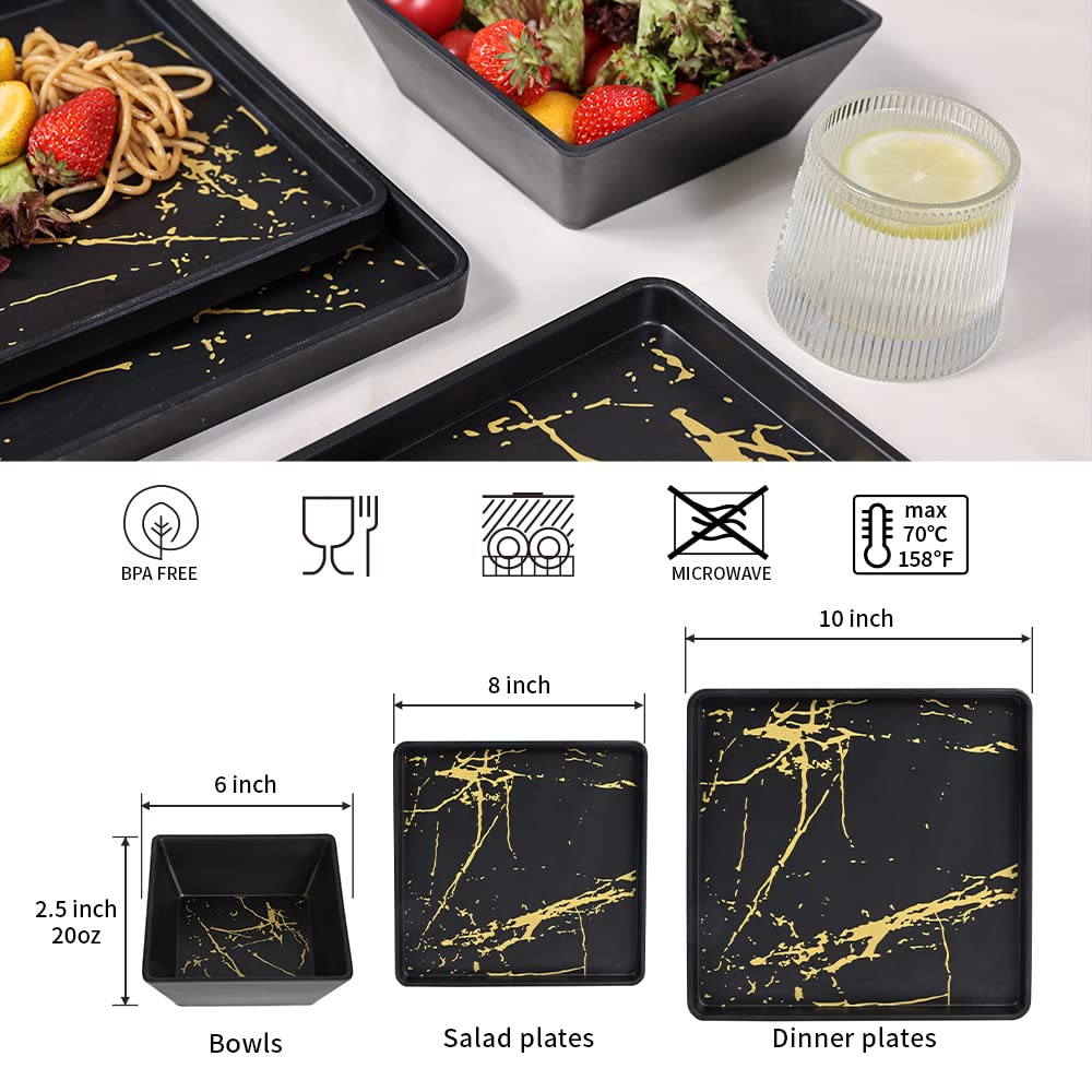 Melamine Dinnerware Sets - 12pcs Square Plates And Bowls Sets For Indoor/Outdoor Use, Dishwasher Safe,Service For 4, Black Gold