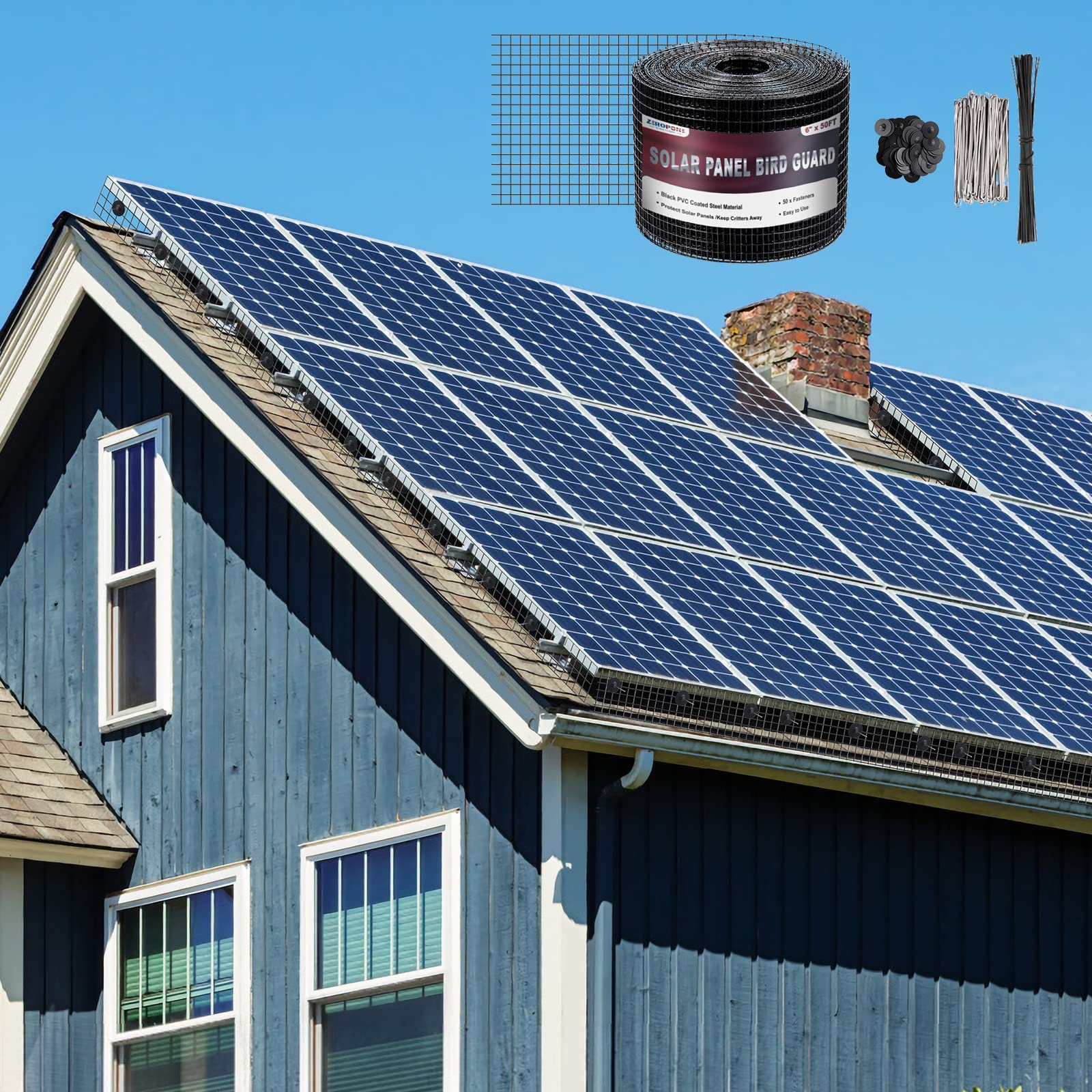 ZeroPone 6inch x 50ft Solar Panel Bird Guard,Critter Guard for Solar Panels w/ 50pcs Stainless Steel Fasteners,Removable PVC Coated Guard Wire for Squirrel,Bird,Critters Proofing
