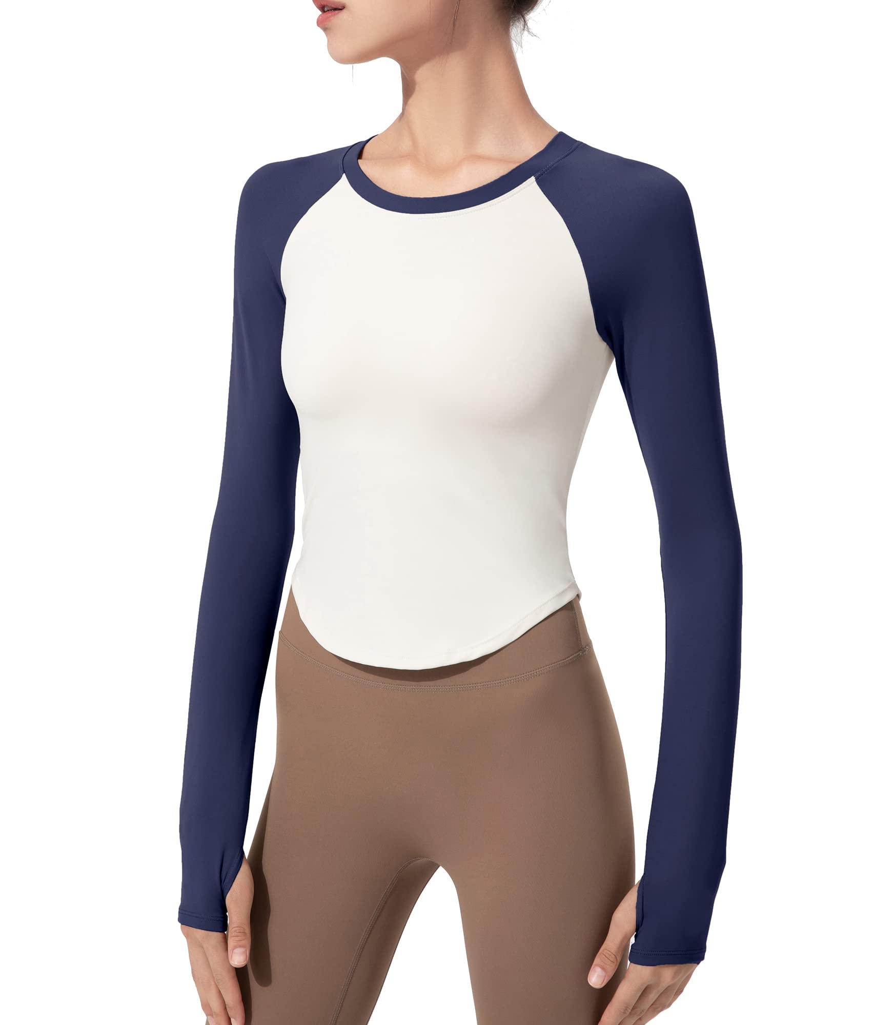 Women's Workout Tops Stretchy Raglan Yoga Shirts Long Sleeve Sports Tee Slim Fit with Bra Pad (Navy, M)