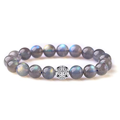 Natural 8mm Gorgeous Men Women Semi-Precious Gemstones Healing Crystal Stretch Beaded Bracelet Unisex Bangle with 925 Sterling Silver Double Happiness Pendant (Labradorite)