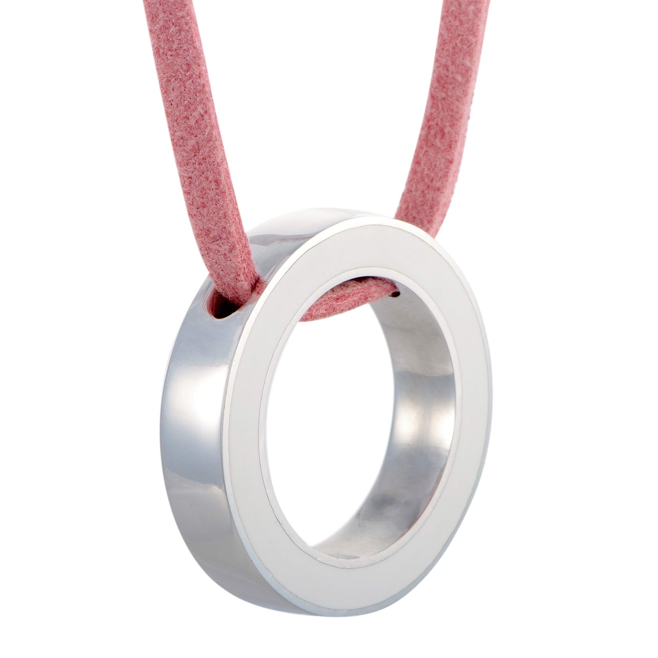 Movado Breast Cancer Awareness Sterling Silver and Enamel Circle Pink Leather Cord Necklace