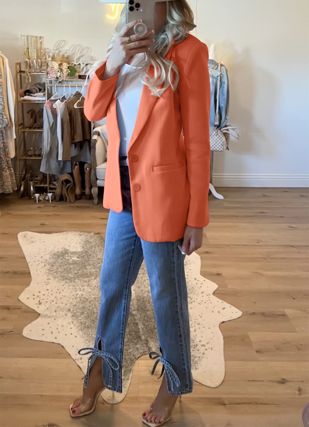 Micticsi Blazers for Women Fashion Casual Blazer Long Sleeve Open Front Office Work Suit Jackets (Orange, Large)