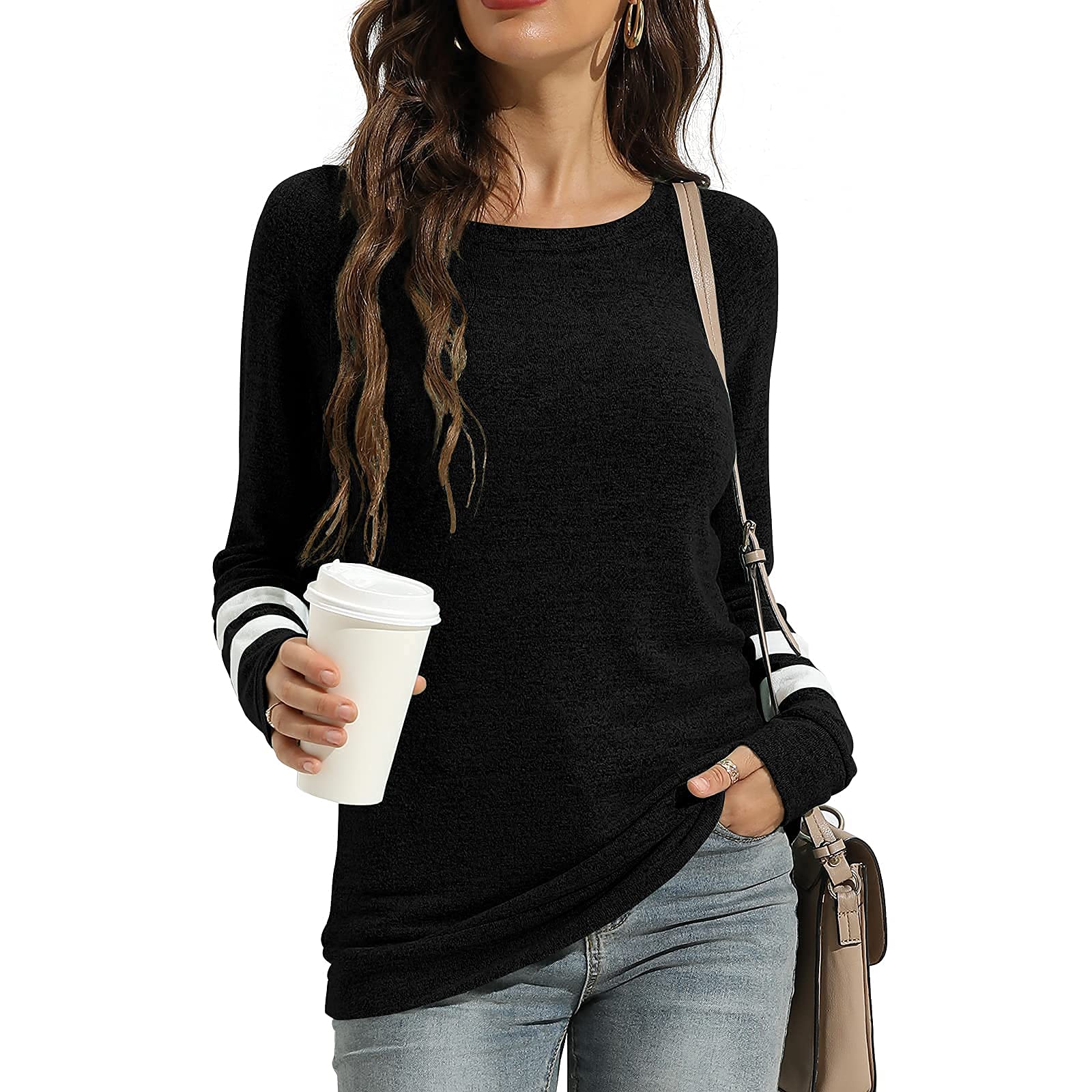 Qcyuui Womens Color Block Sweatshirts Crewneck Sweaters Long Sleeve Shirts Fleece Tunic Tops(Black,Medium)
